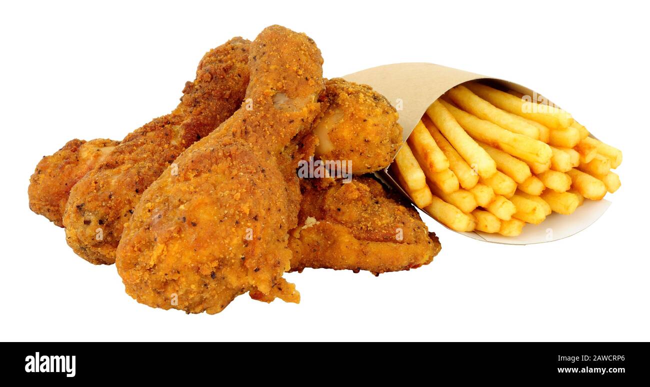 Southern fried chicken portions and French Fries in cardboard scoop ...