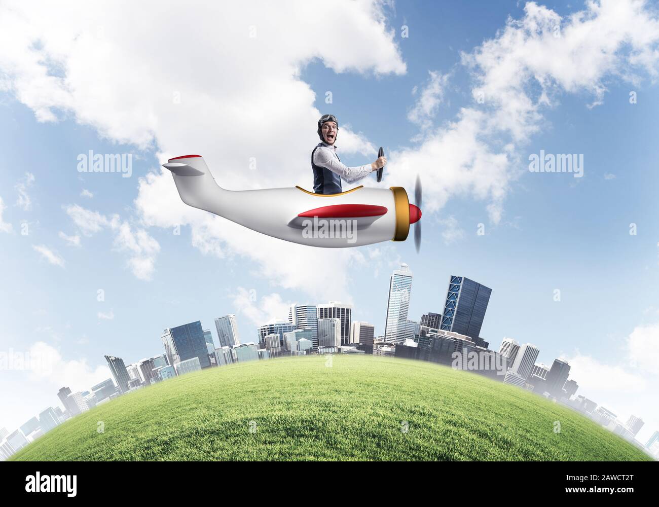 Screaming businessman in leather helmet flying Stock Photo - Alamy