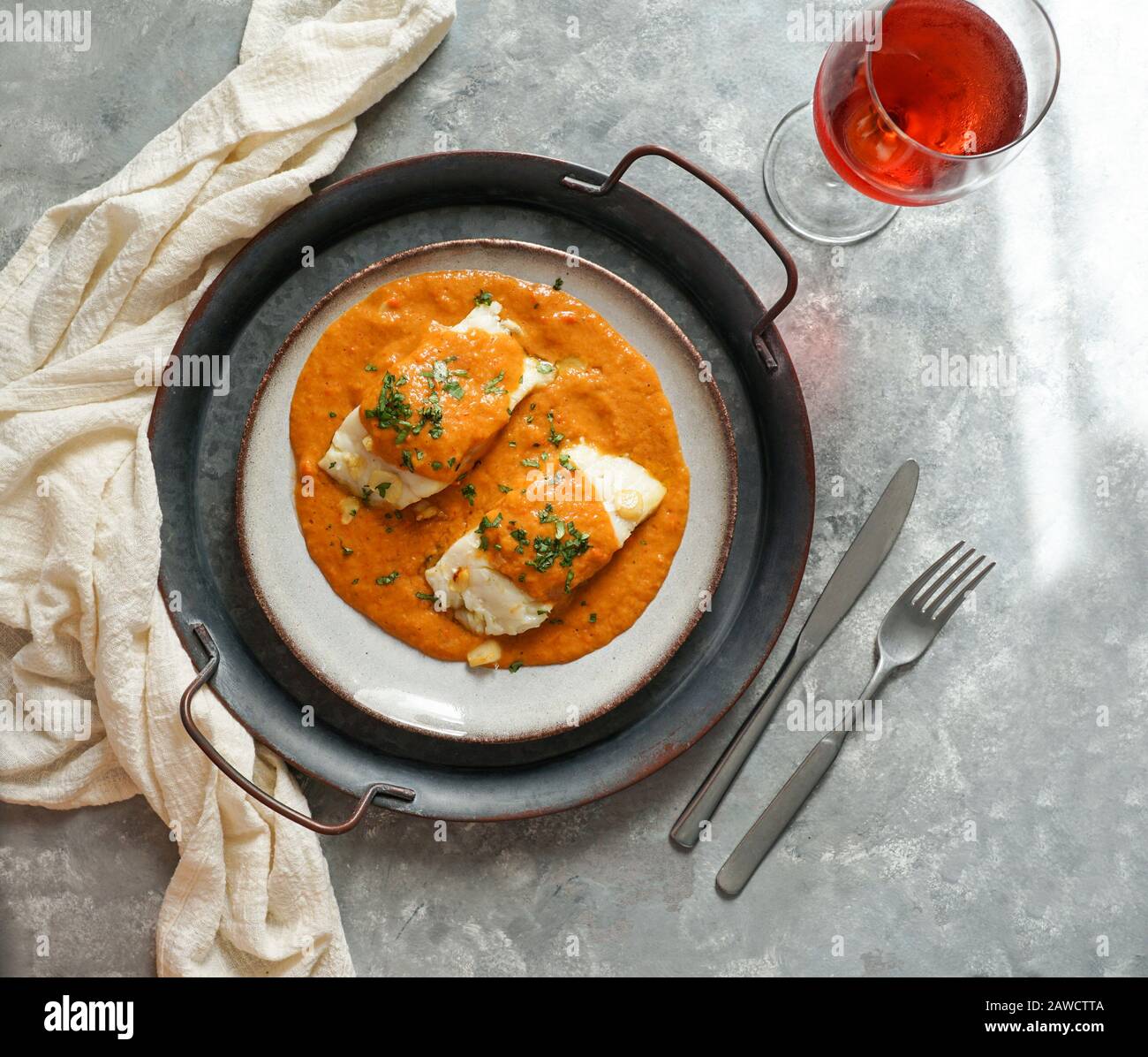 Spanish food. Bacalao a la vizcaina, Basque Style Cod Stock Photo - Alamy