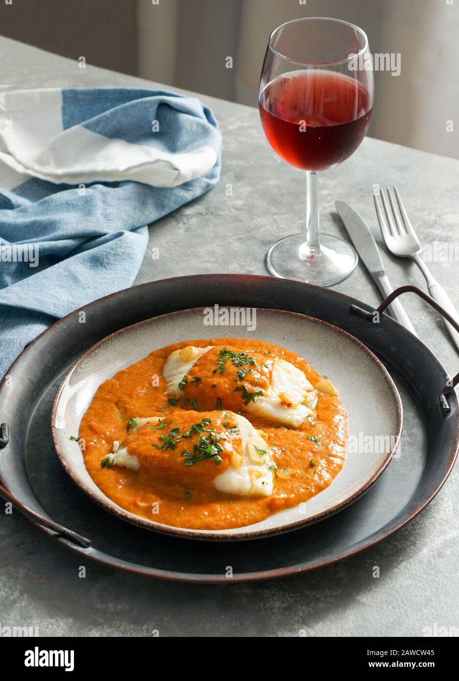 Spanish food. Bacalao a la vizcaina, Basque Style Cod Stock Photo - Alamy