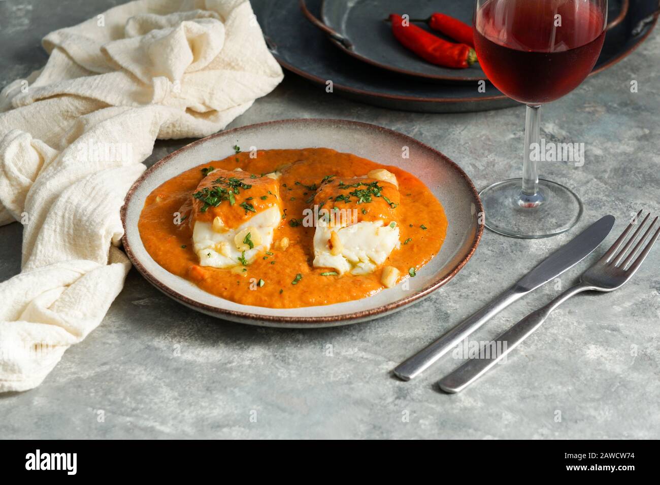 Spanish food. Bacalao a la vizcaina, Basque Style Cod Stock Photo - Alamy