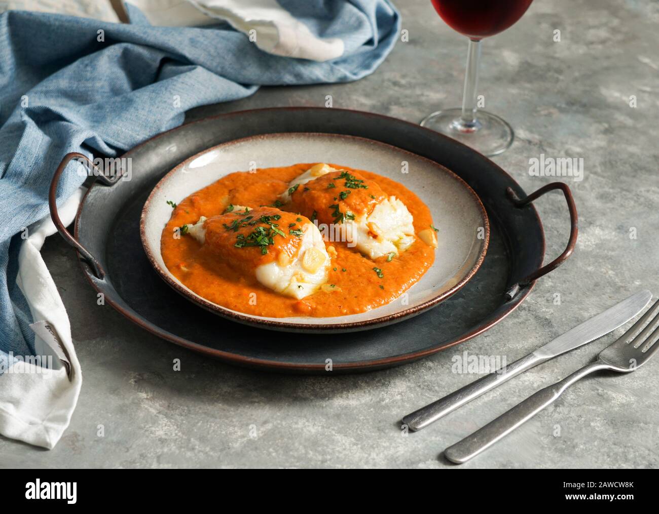 Spanish food. Bacalao a la vizcaina, Basque Style Cod Stock Photo - Alamy