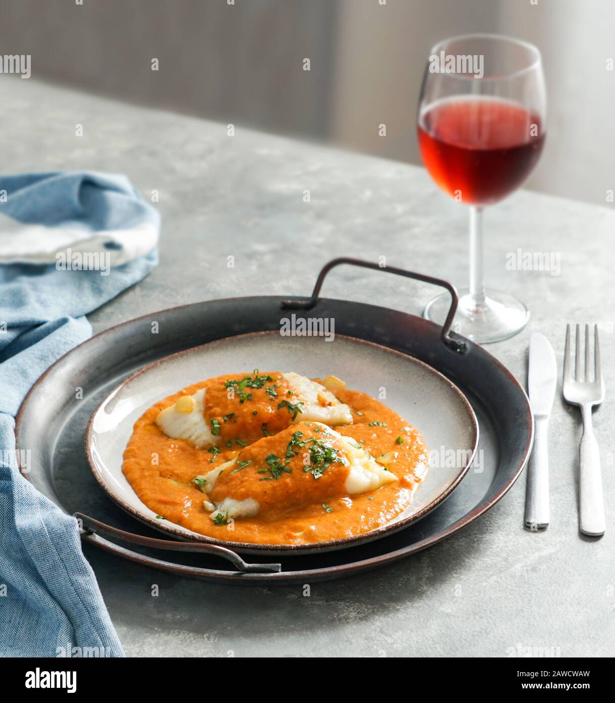 Spanish food. Bacalao a la vizcaina, Basque Style Cod Stock Photo - Alamy