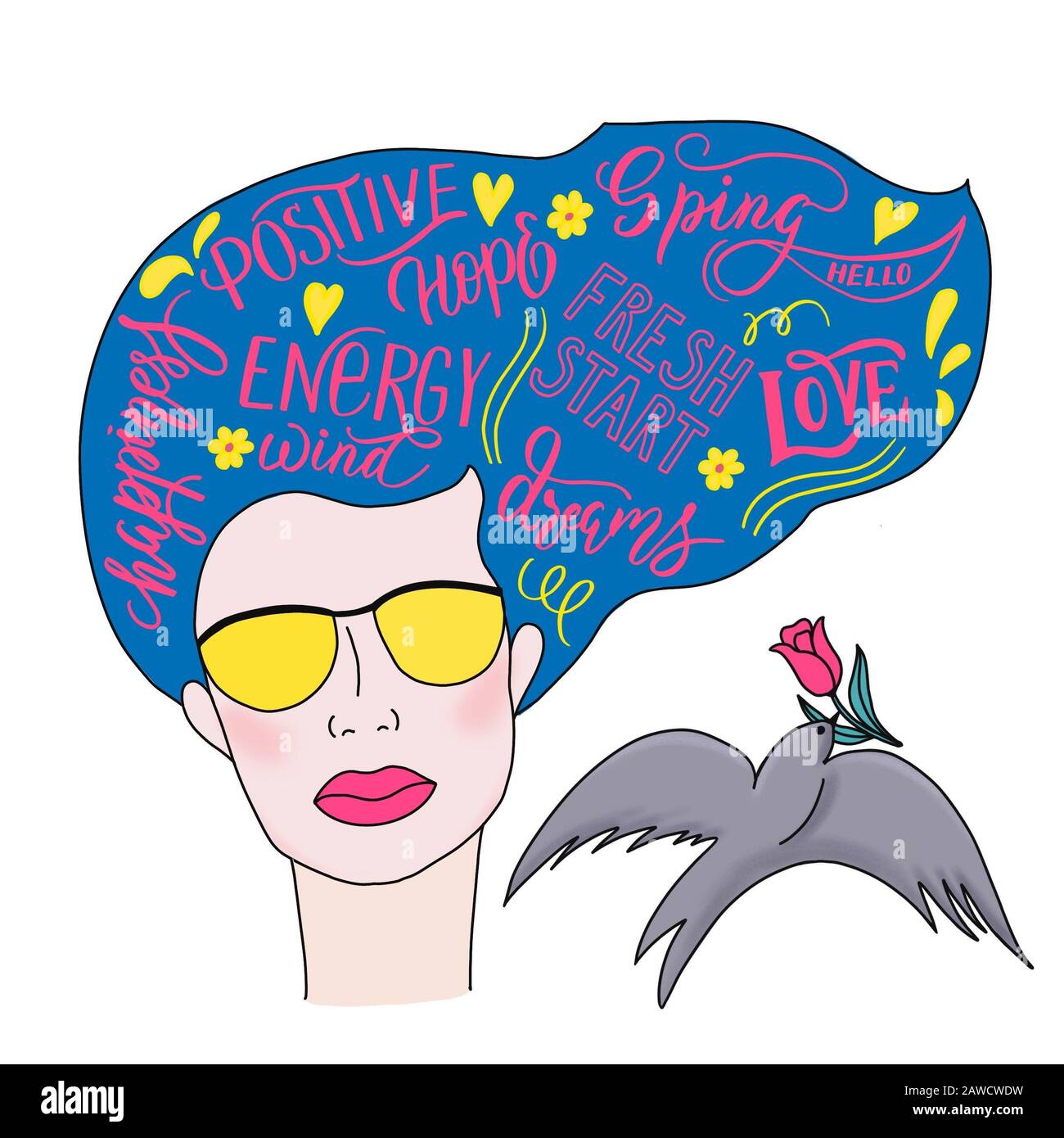 Stylized image of a girl with blue hair, positive words and a bird with ...