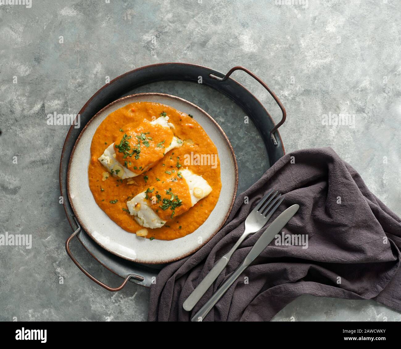 Spanish food. Bacalao a la vizcaina, Basque Style Cod Stock Photo - Alamy