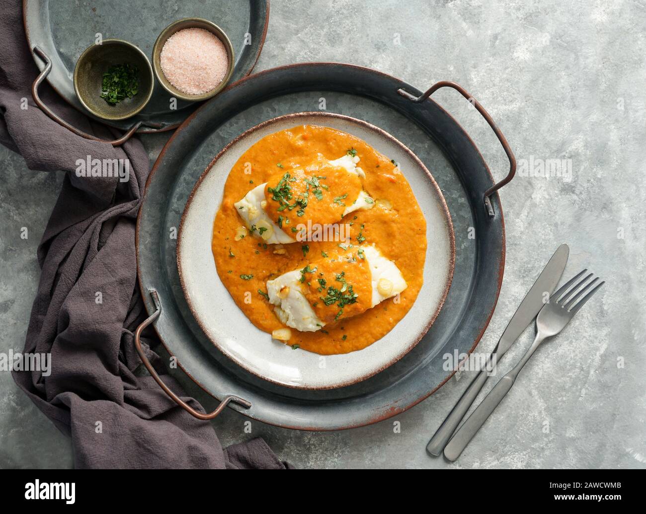 Spanish food. Bacalao a la vizcaina, Basque Style Cod Stock Photo - Alamy