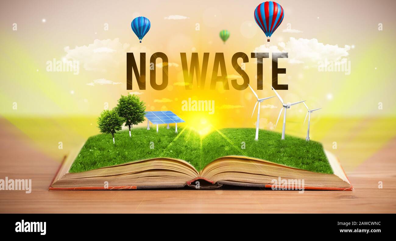 Open book with NO WASTE inscription, renewable energy concept Stock ...