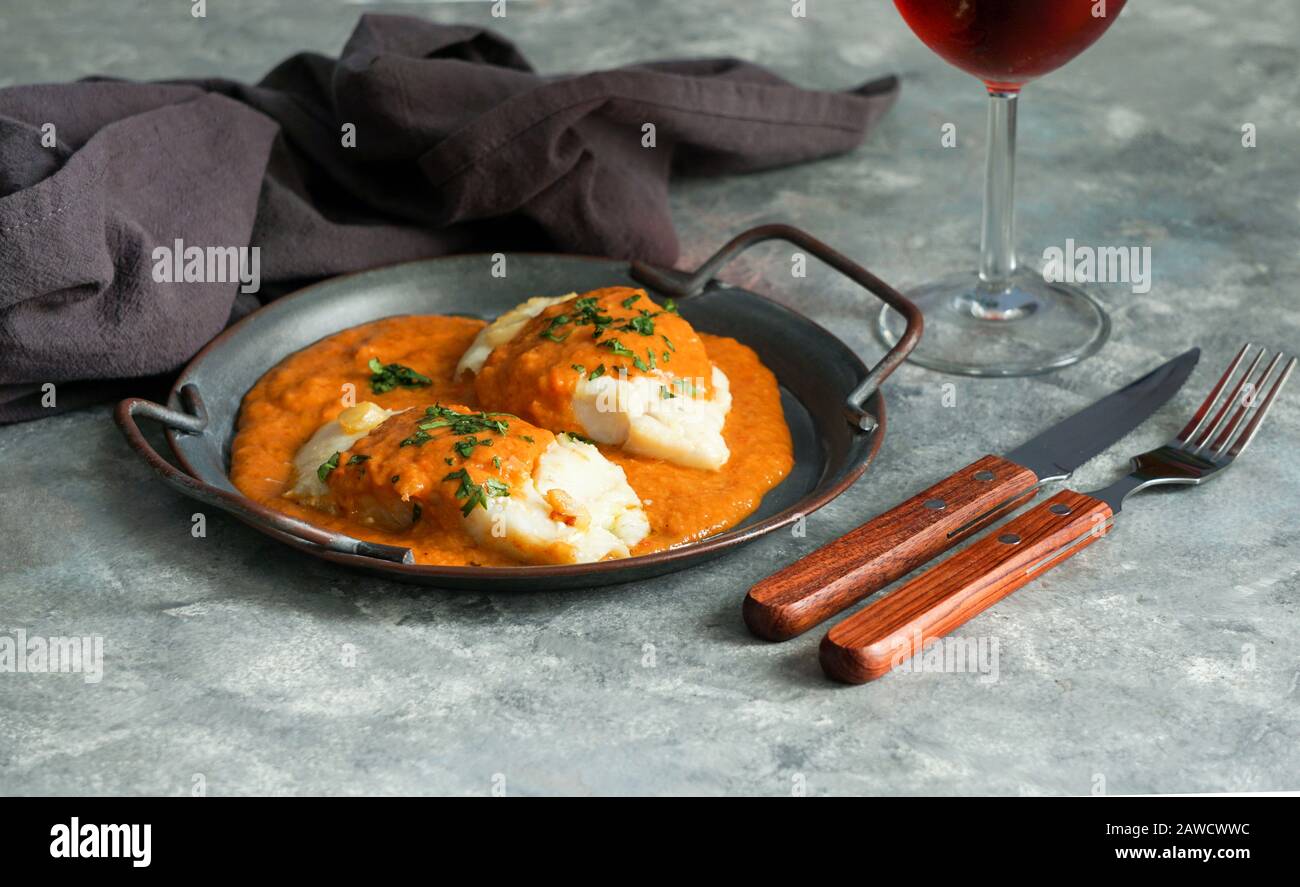Spanish food. Bacalao a la vizcaina, Basque Style Cod Stock Photo - Alamy