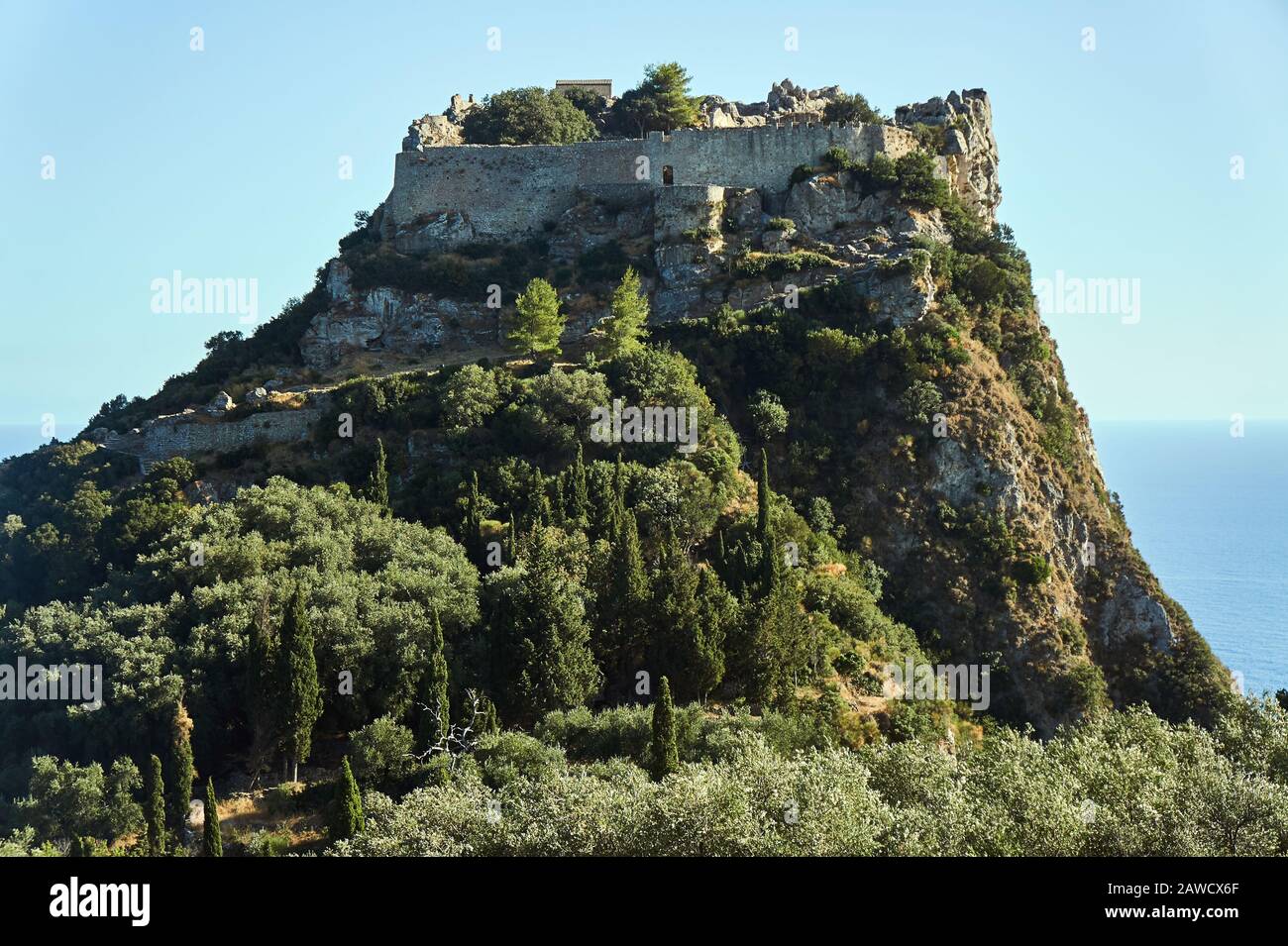 ruins of medieval castle on rock at Corfu island, Greece Stock Photo ...