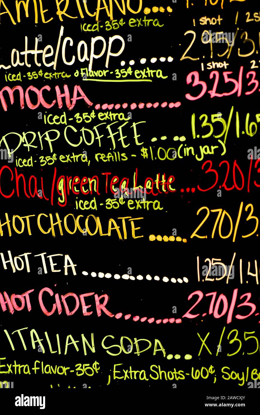Hand Written Menu in a Coffee Shop listing all the available drinks ...