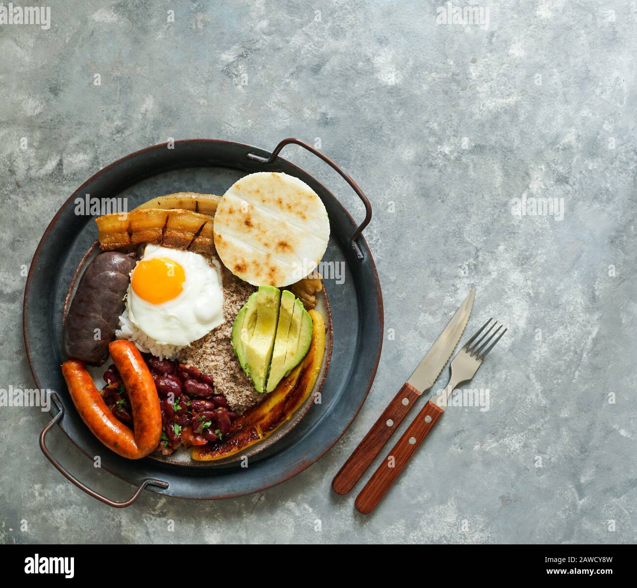 Colombian food. Bandeja paisa, typical dish at the Antioquia region of ...