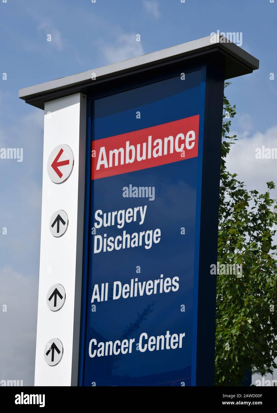 Hospital sign showing direction to medical service entrances Stock ...