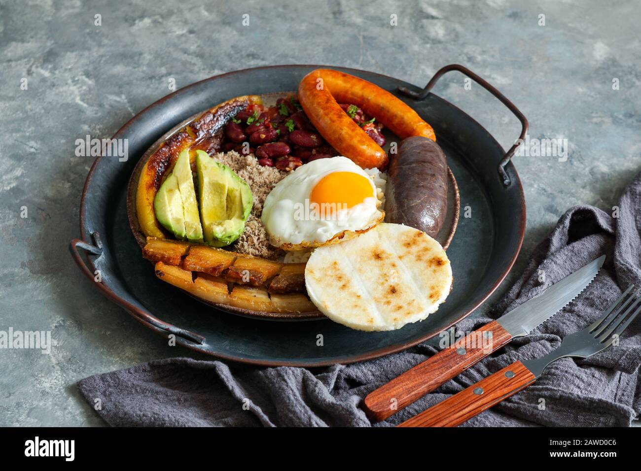 Colombian food. Bandeja paisa, typical dish at the Antioquia region of ...