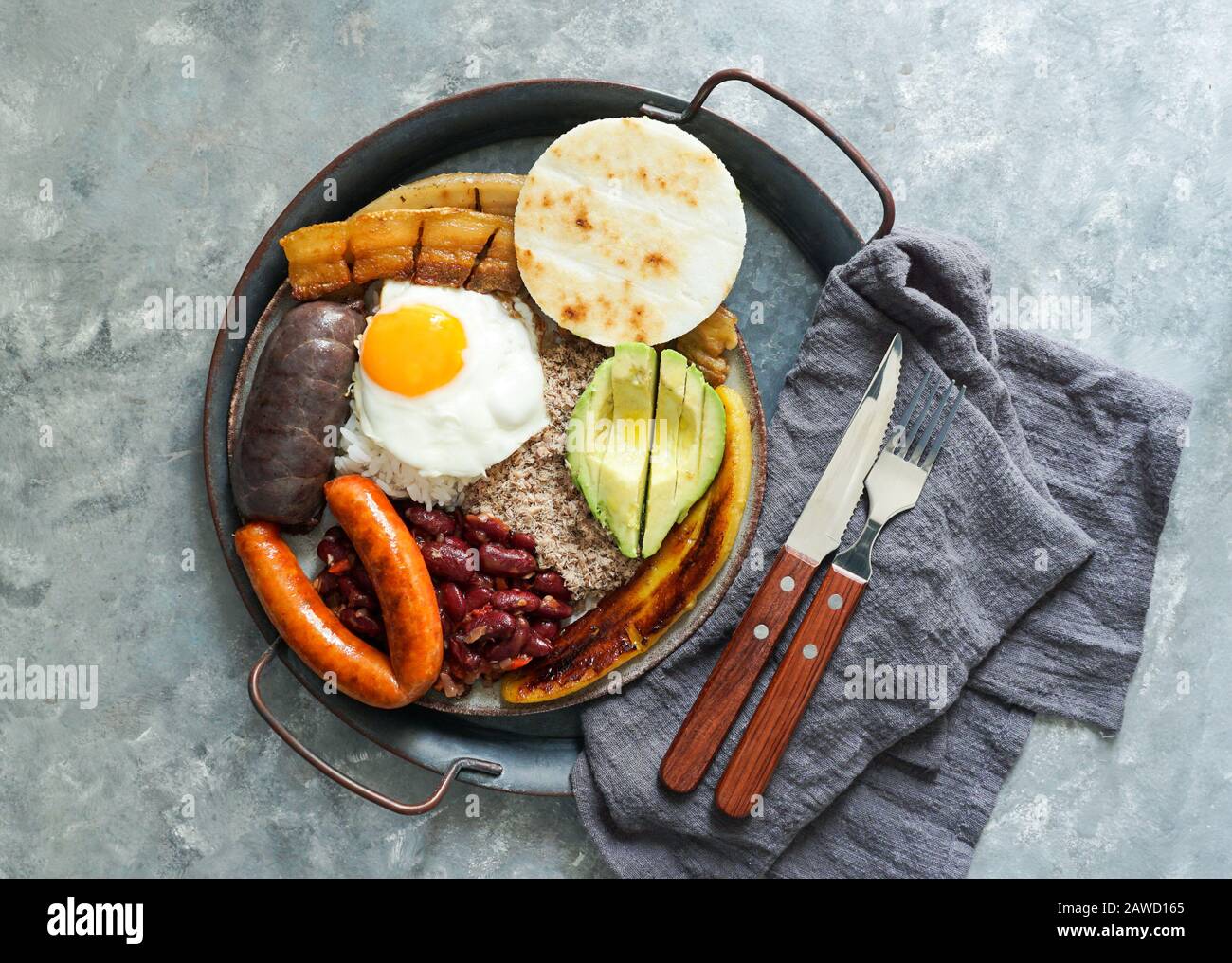 Colombian food. Bandeja paisa, typical dish at the Antioquia region of ...