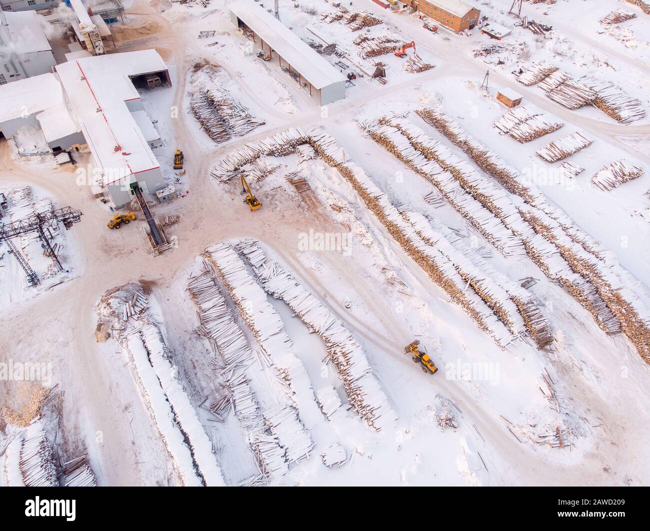 Industrial photo, storage of wooden logs under the snow at a sawmill ...