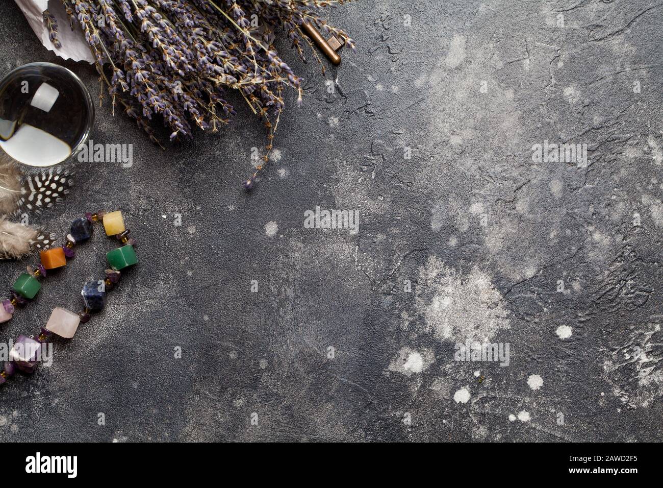 Divination with lavender, stones, feathers, fortune-telling ball and ...
