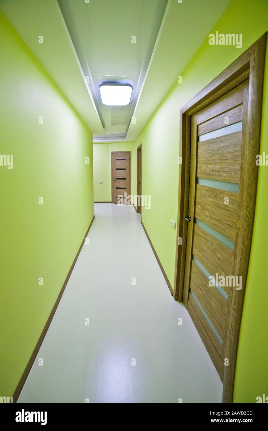 interior of a modern light corridor with green walls and modern ...