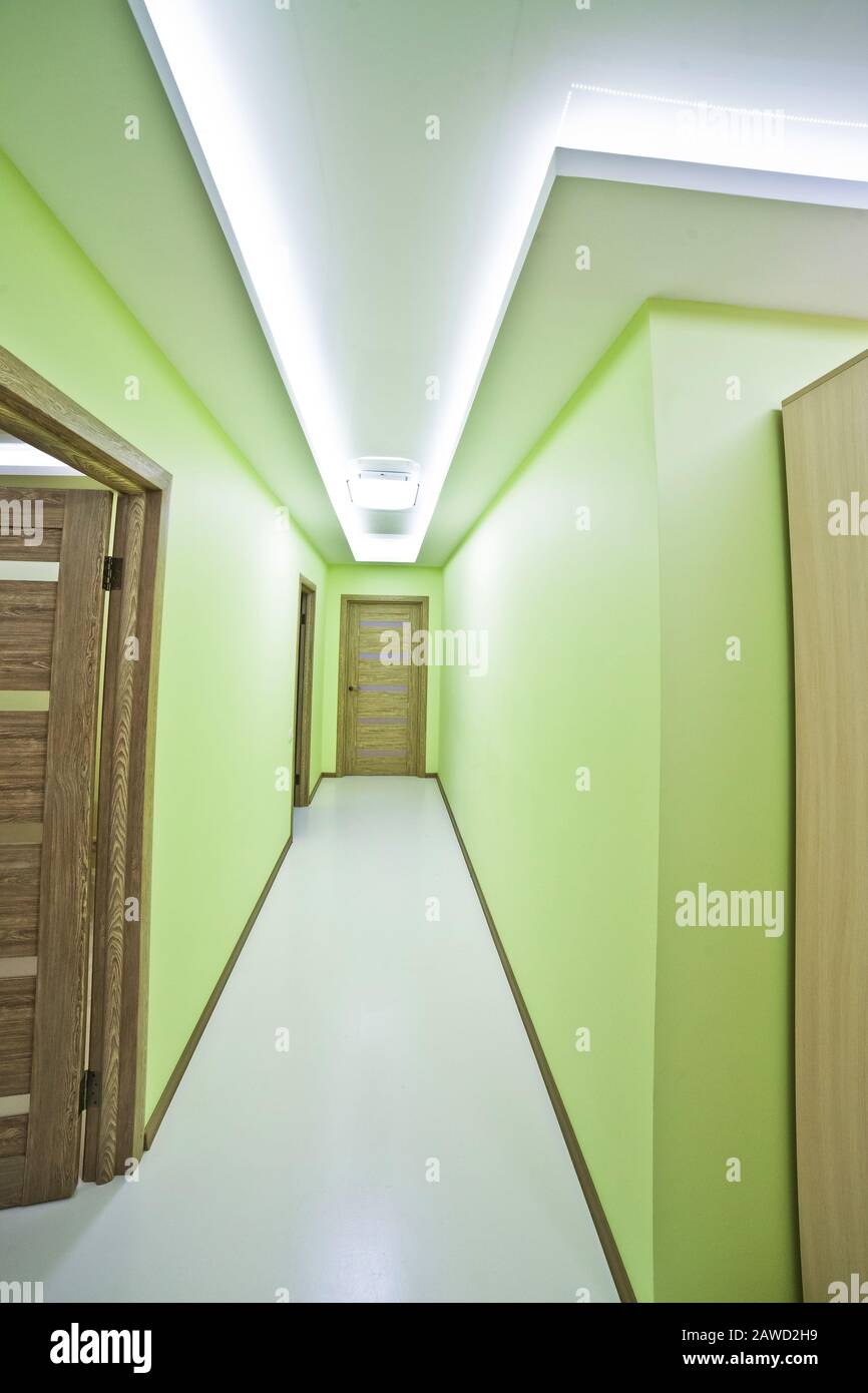 interior of a modern light corridor with green walls and modern ...