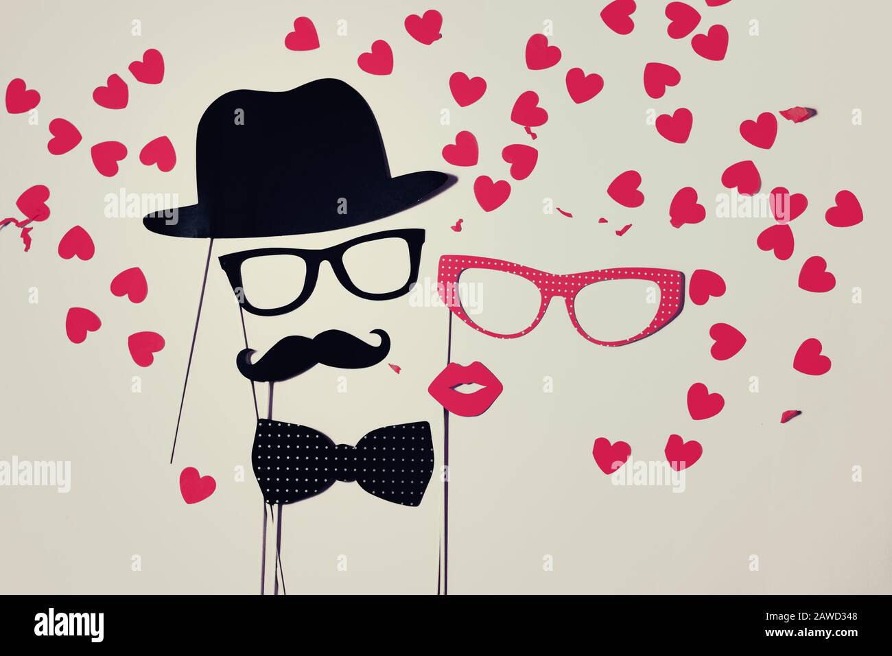Top view Valentine's day background with funny photo booths props Stock ...