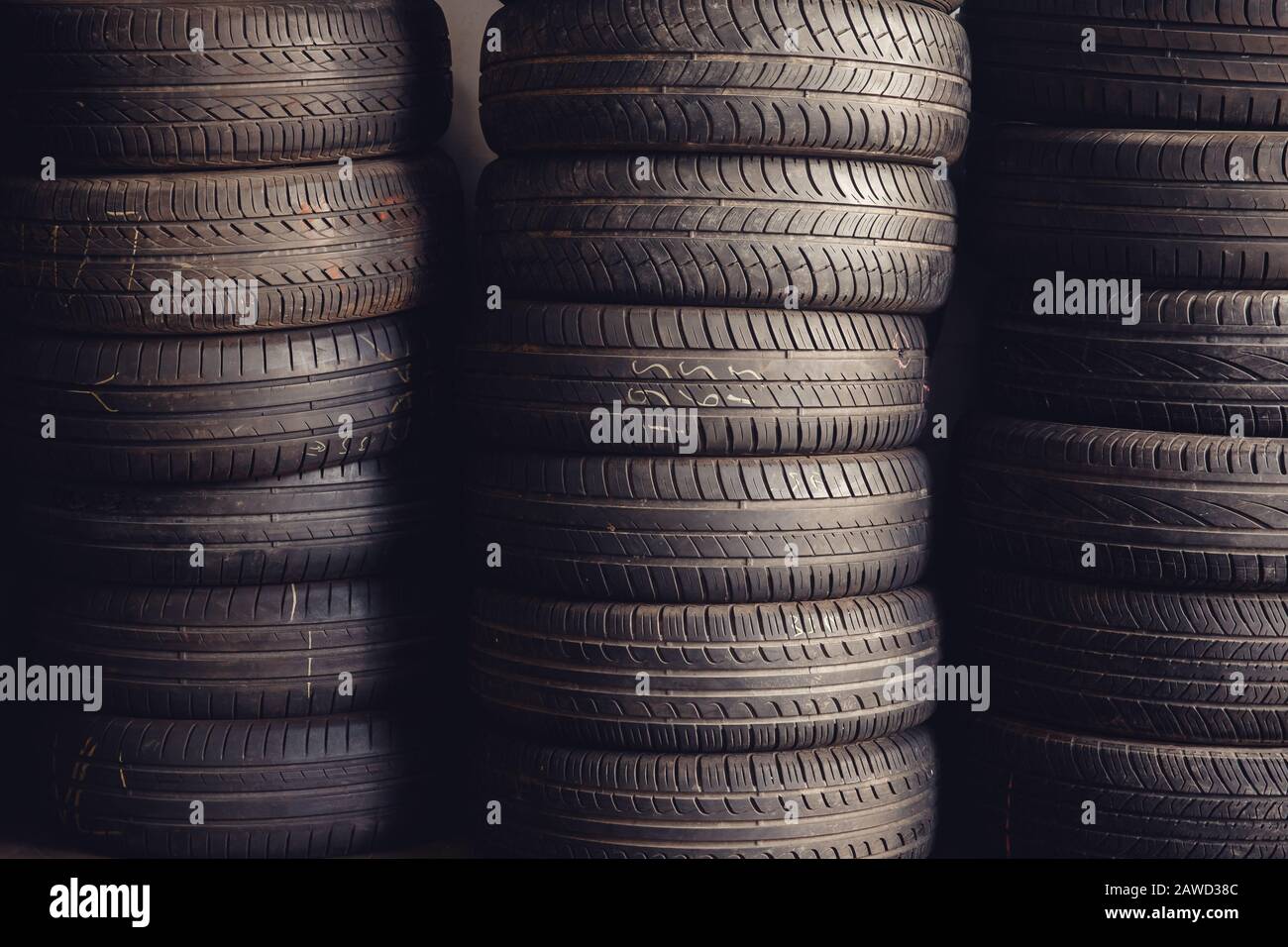 Used tires are in row, concept of recycling rubber wheels Stock Photo ...