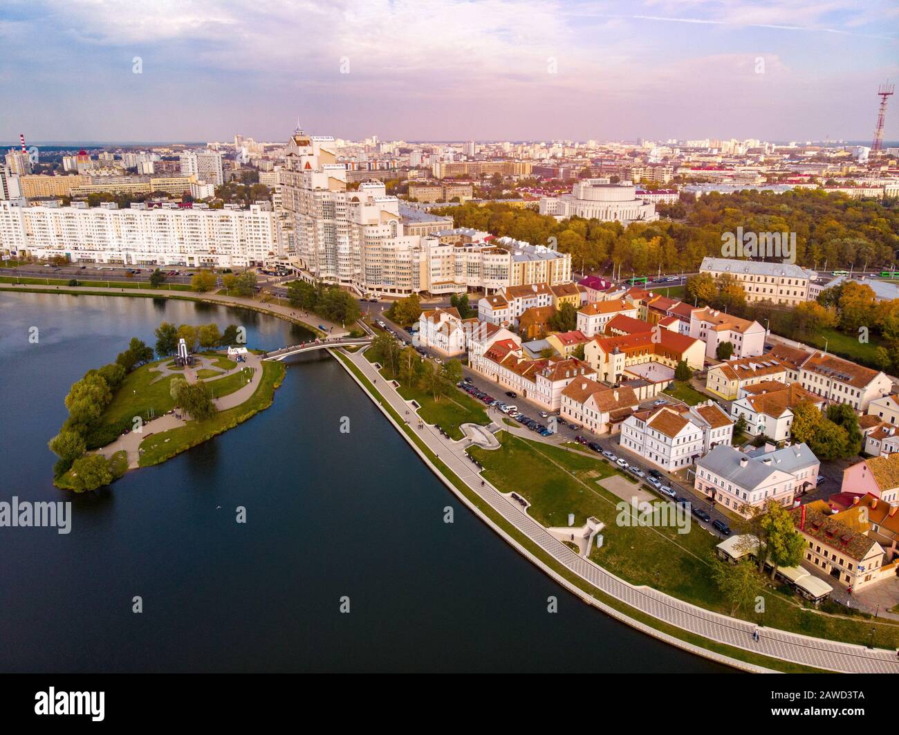 Aerial view drone, cityscape of Minsk, Belarus. Sunset. Panorama of ...