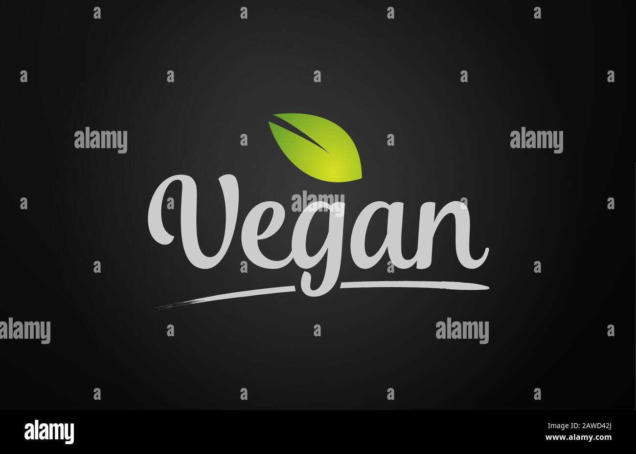 green leaf on black background vegan text word hand written for logo ...