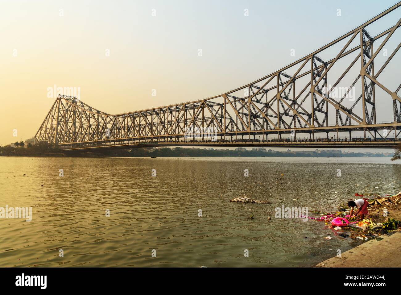View of Howrah bridge feom Mallik ghat on sunset. Kolkata. India Stock ...