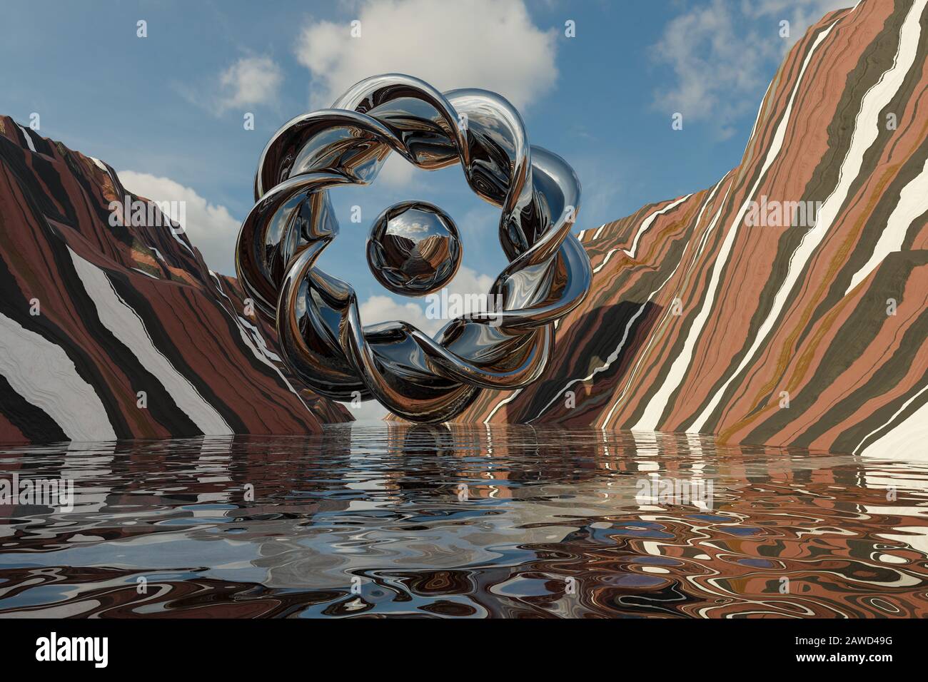 Mysterious canyon with futuristic geometric chrome metal alien object ...