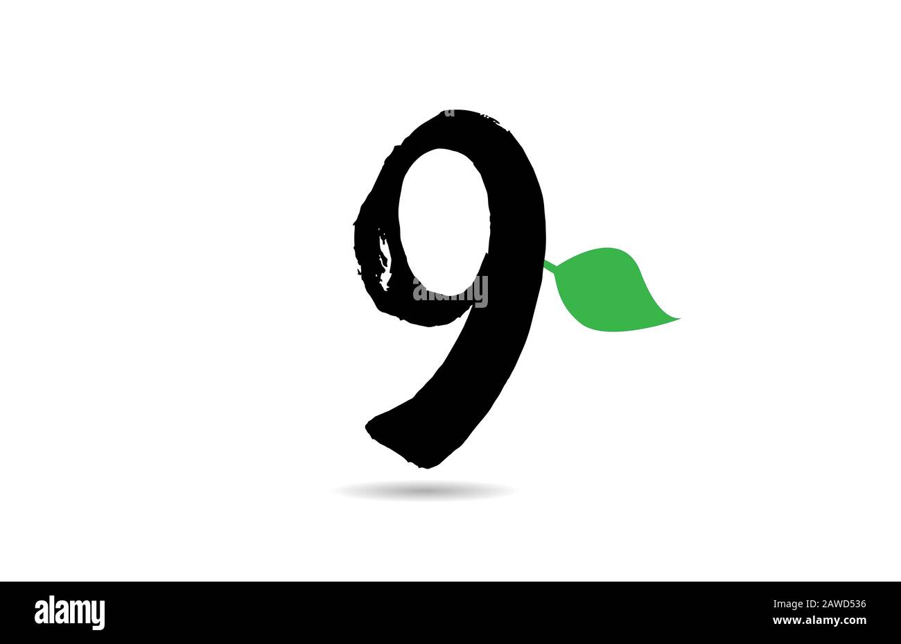 grunge number 9 nine handwritten geen leaf logo icon design template ...
