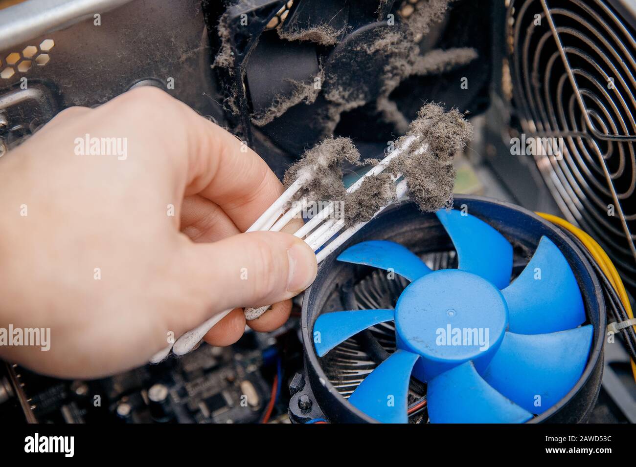 Dust on computer pc processor cooler with mainboard. concept master ...