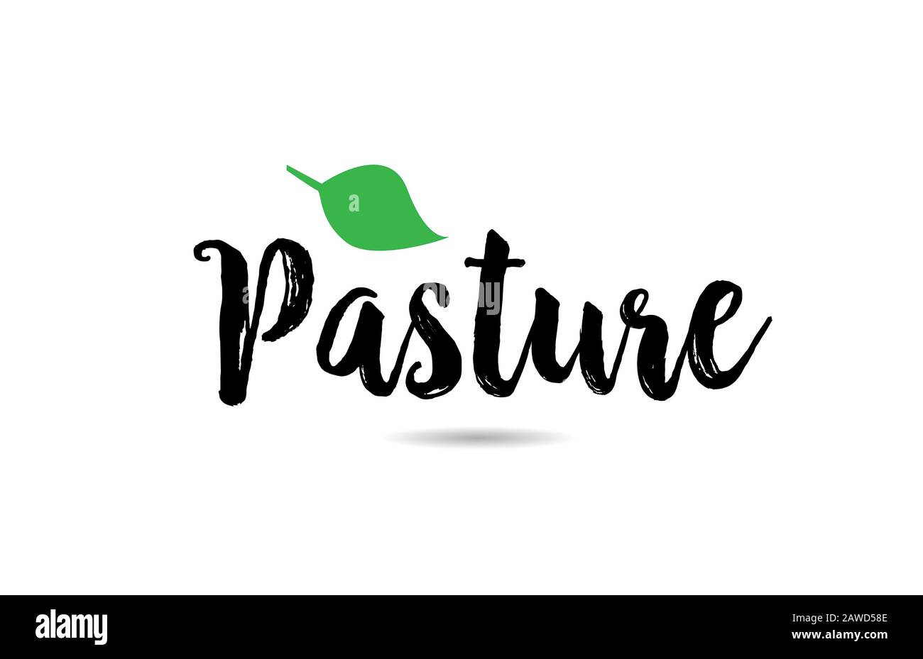 Pasture text word with green leaf hand written for logo typography ...