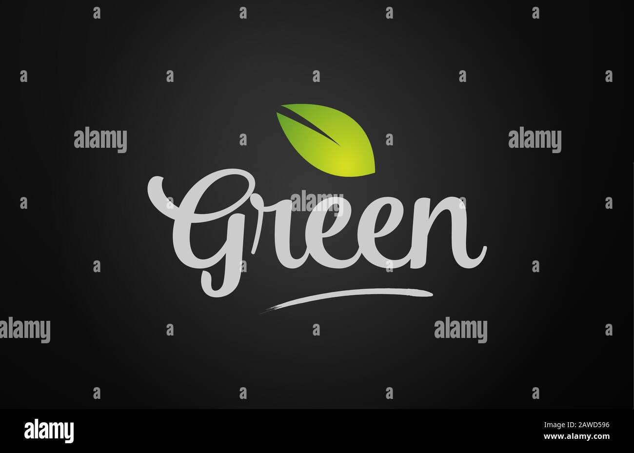 green leaf on black background green text word hand written for logo ...