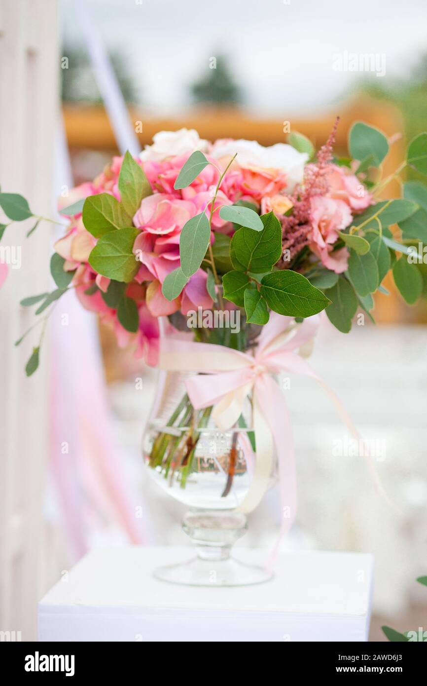 wedding exit ceremony with beautiful delicate flowers and romantic ...