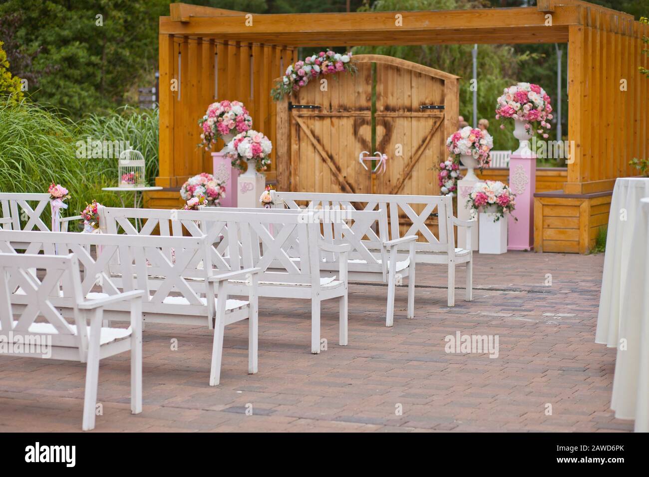 wedding exit ceremony with beautiful delicate flowers and romantic ...