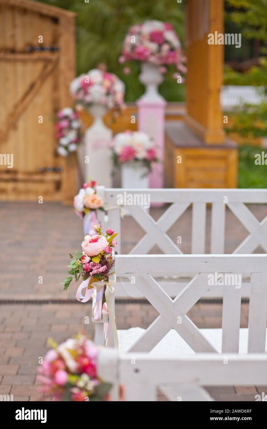 wedding exit ceremony with beautiful delicate flowers and romantic ...