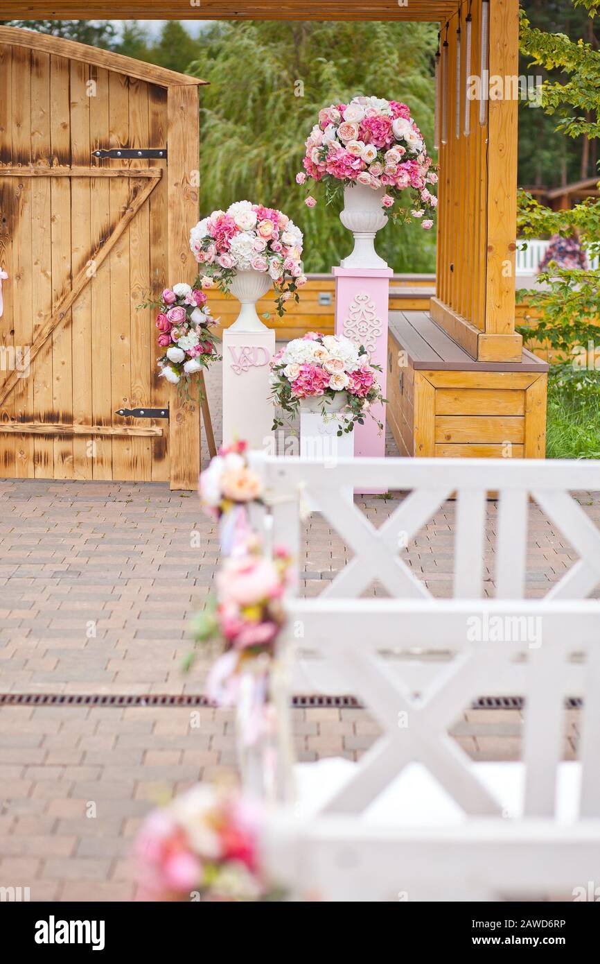 wedding exit ceremony with beautiful delicate flowers and romantic ...