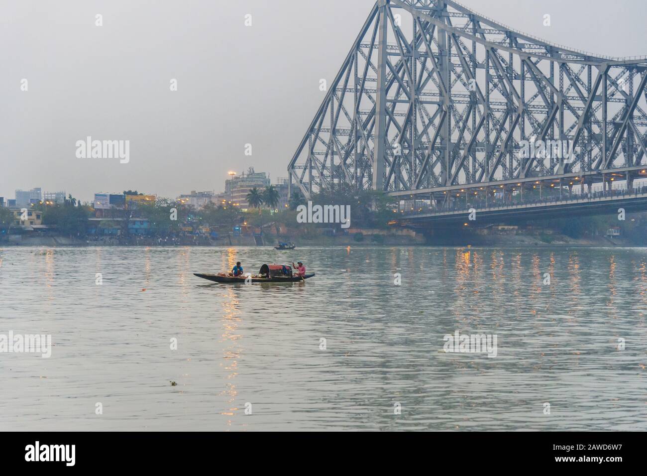 View of Howrah bridge from Mallik ghat on sunset. Kolkata. India Stock ...