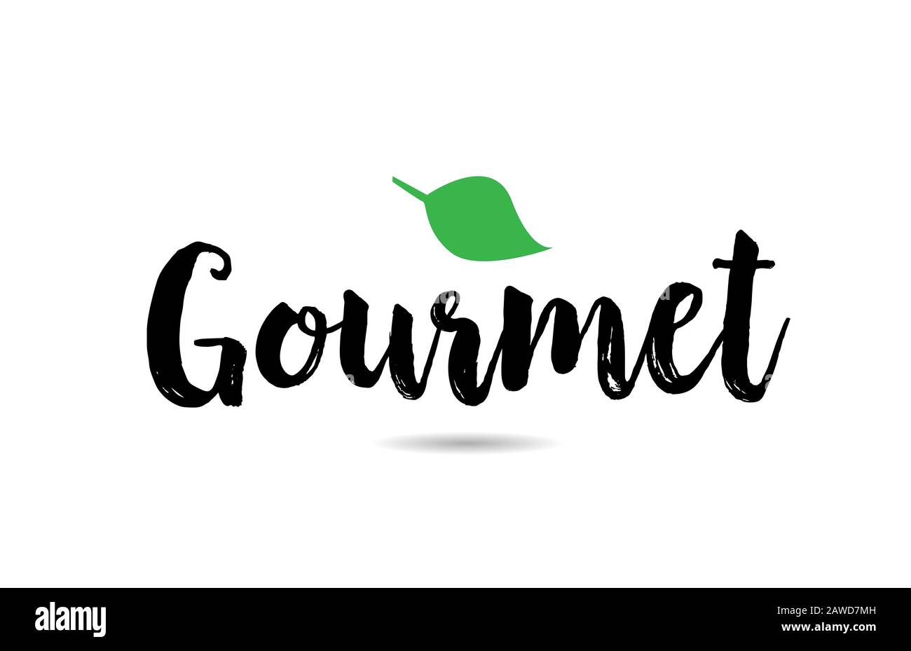 Gourmet text word with green leaf hand written for logo typography ...