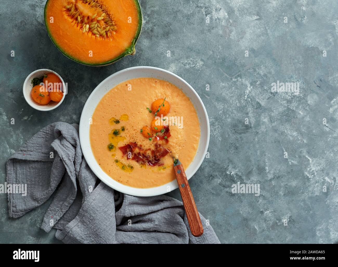 spanish melon cold soup, with jamon, typical spanish dish Stock Photo ...