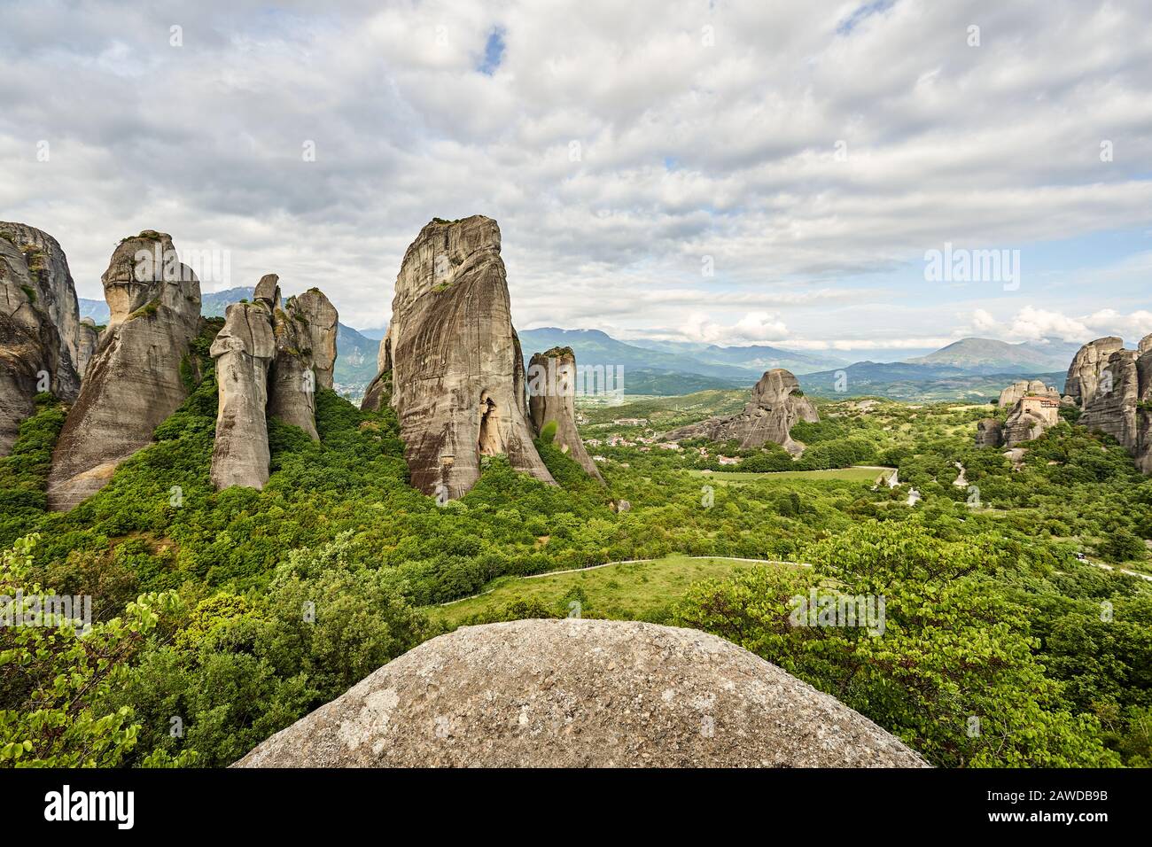 Rock formations of Meteora mountains and the monastery in Greece with ...
