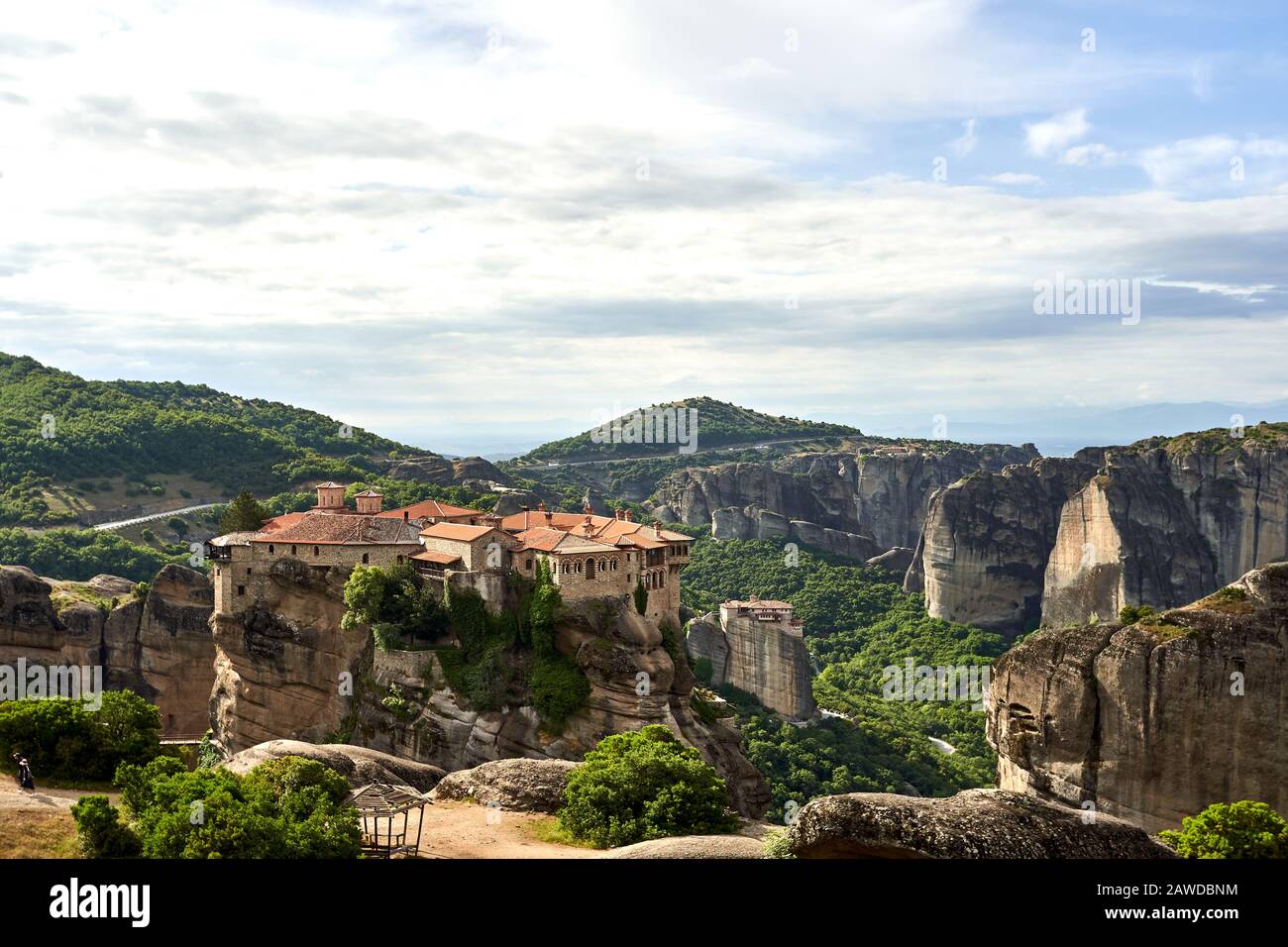 Rock formations of Meteora mountains and the monastery in Greece with ...