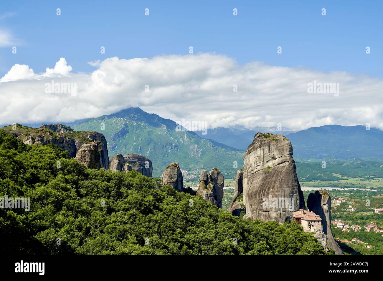 Rock formations of Meteora mountains and the monastery in Greece with ...