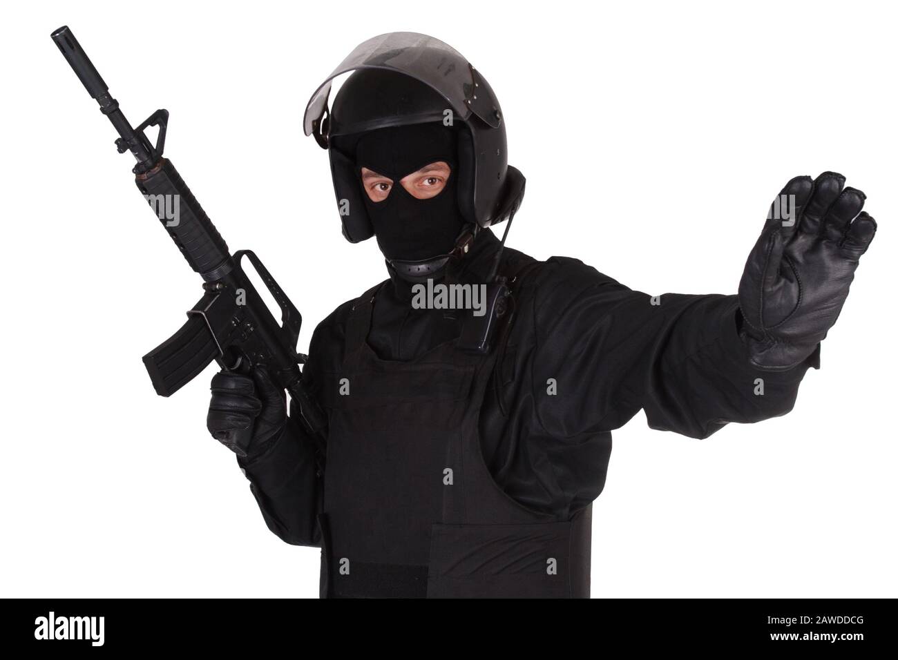 Riot police officer in black uniform with assault rifle isolated on ...