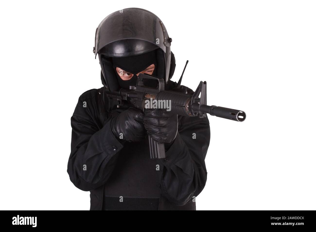 Riot police officer in black uniform with assault rifle isolated on ...