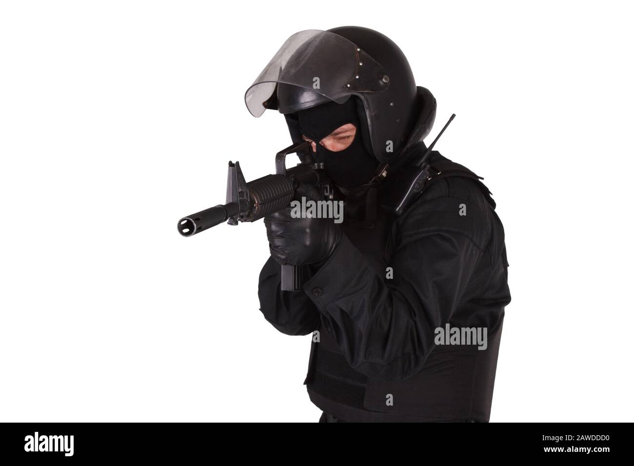 Riot police officer in black uniform with assault rifle isolated on ...
