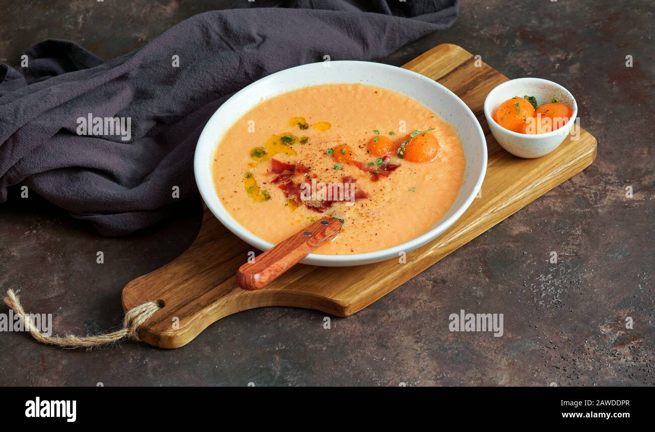 spanish melon cold soup, with jamon, typical spanish dish Stock Photo ...