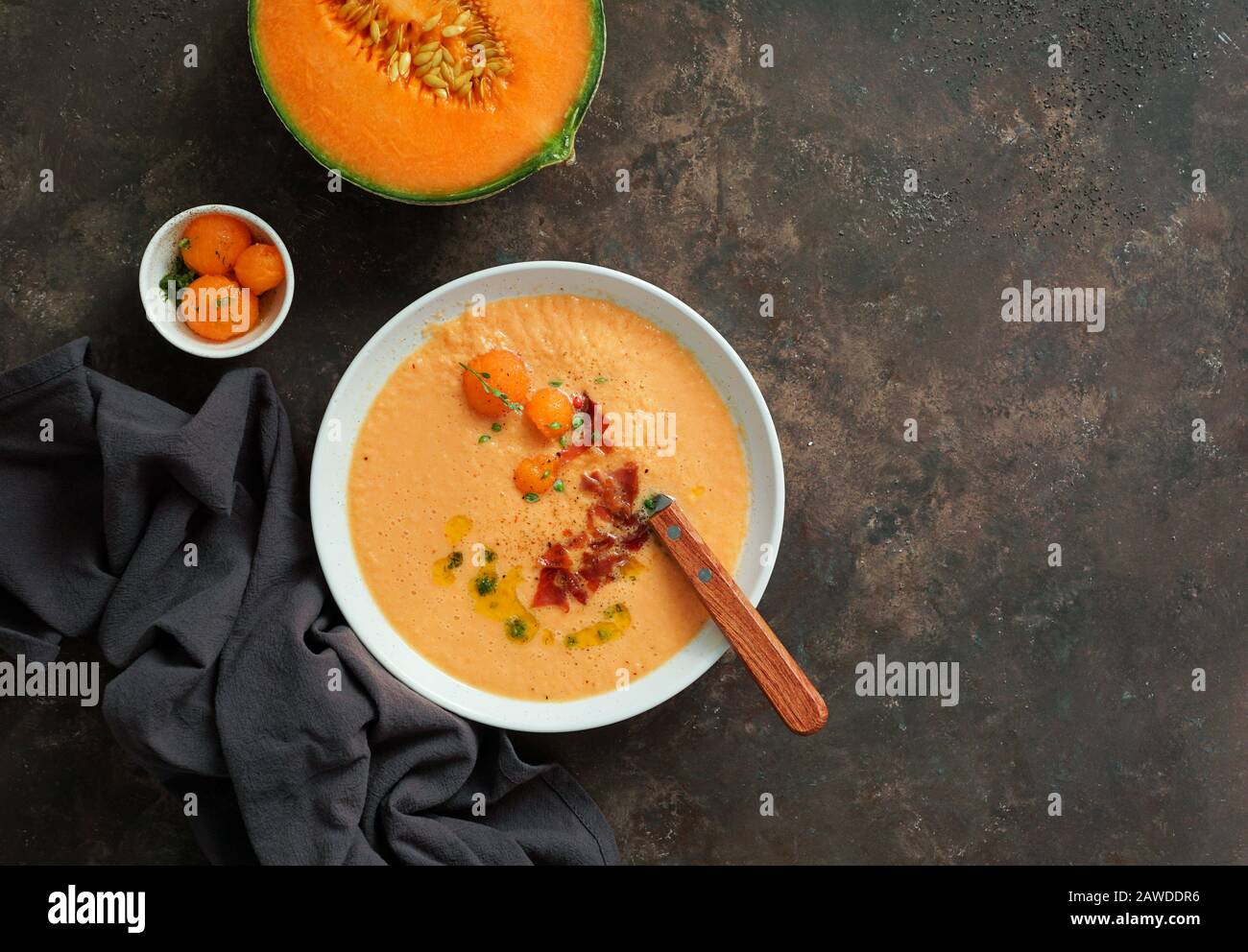 spanish melon cold soup, with jamon, typical spanish dish Stock Photo ...