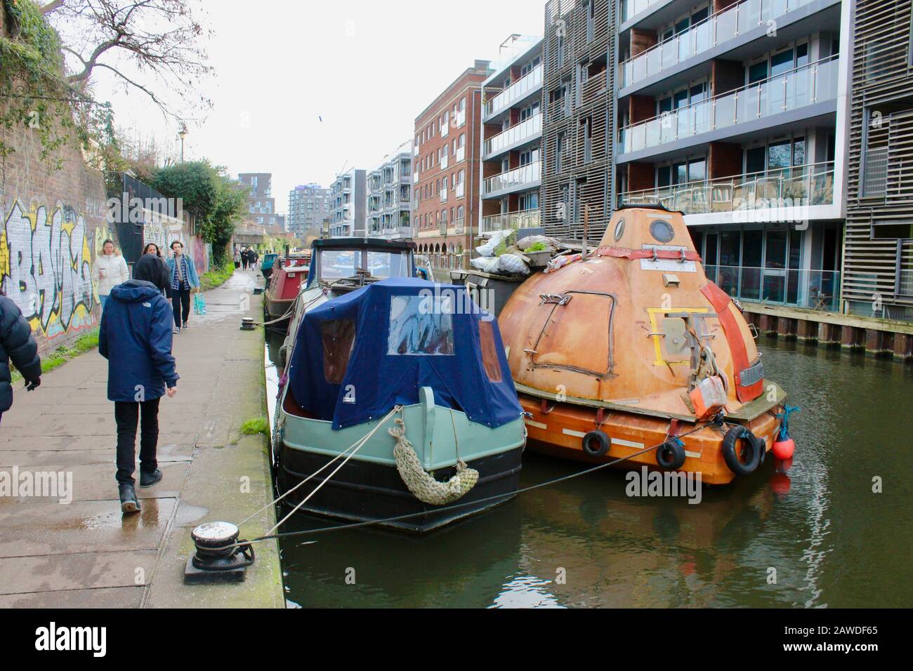 waterway living on canal at camden london england UK with barges Stock Photo - Alamy