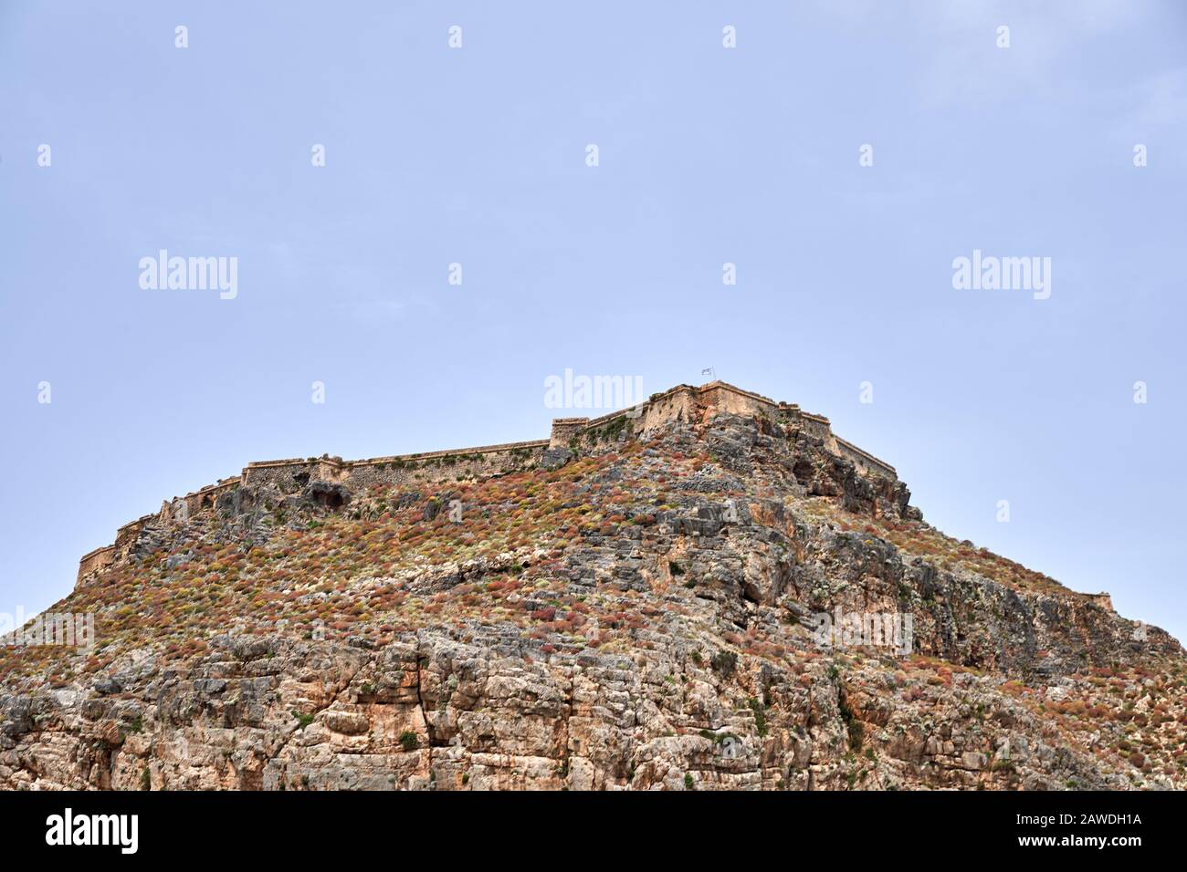 Ruins of Venetian fort on Imeri Gramvousa Island near island of Crete ...