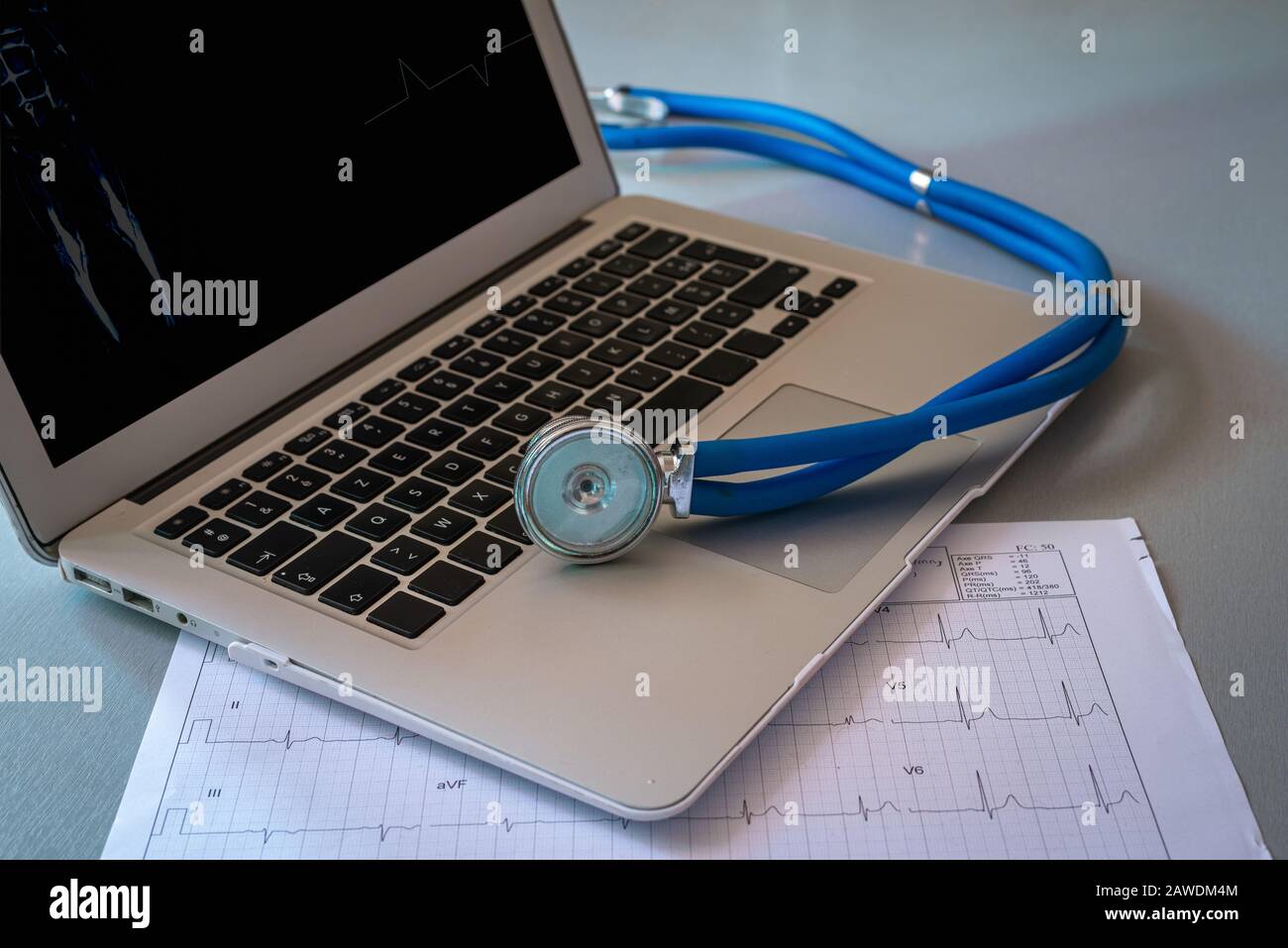 Stethoscope and electrocardiogram with computer hi-tech medical display ...